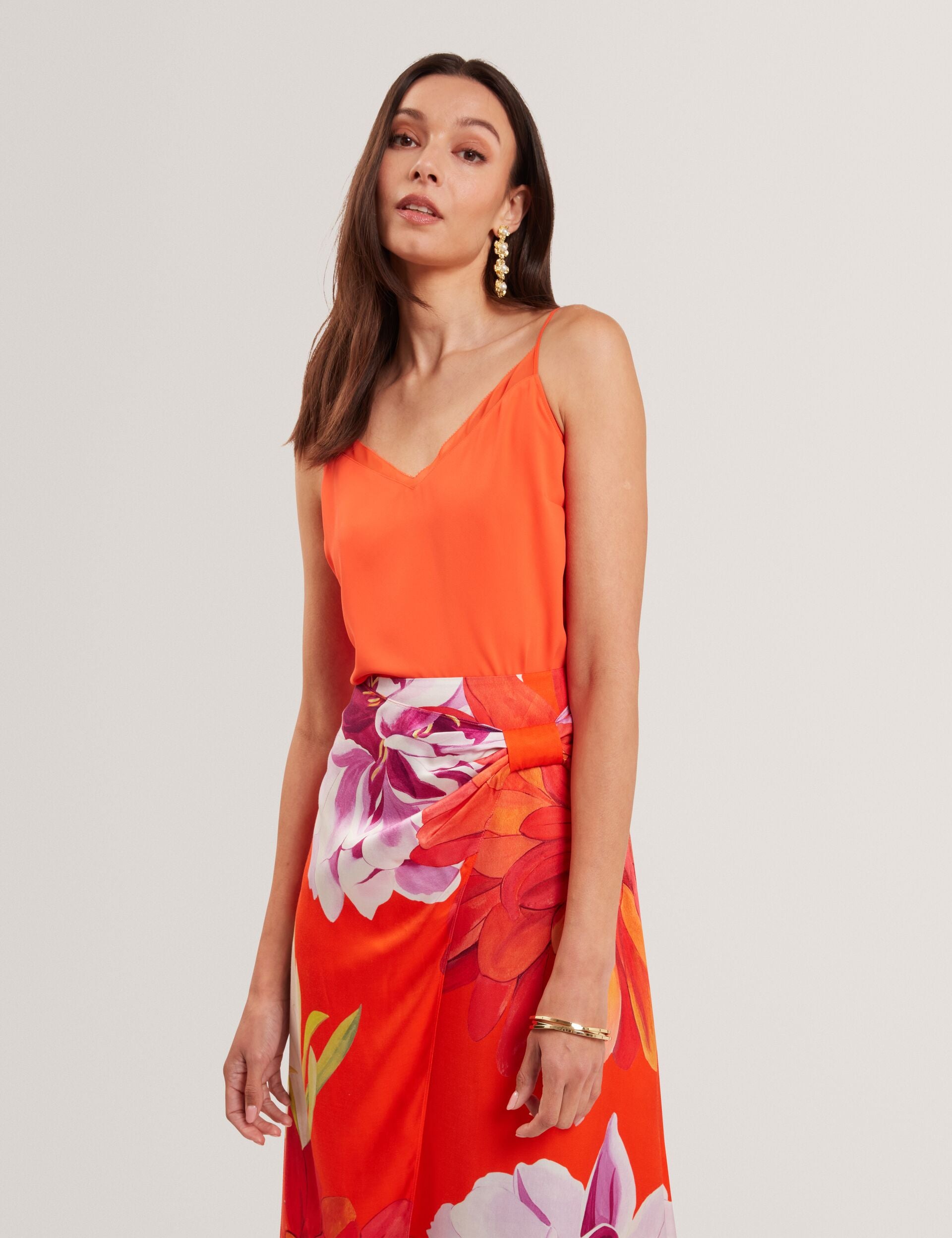 LULEA Chiffon Detail V-Neck Strappy Cami Top in Orange