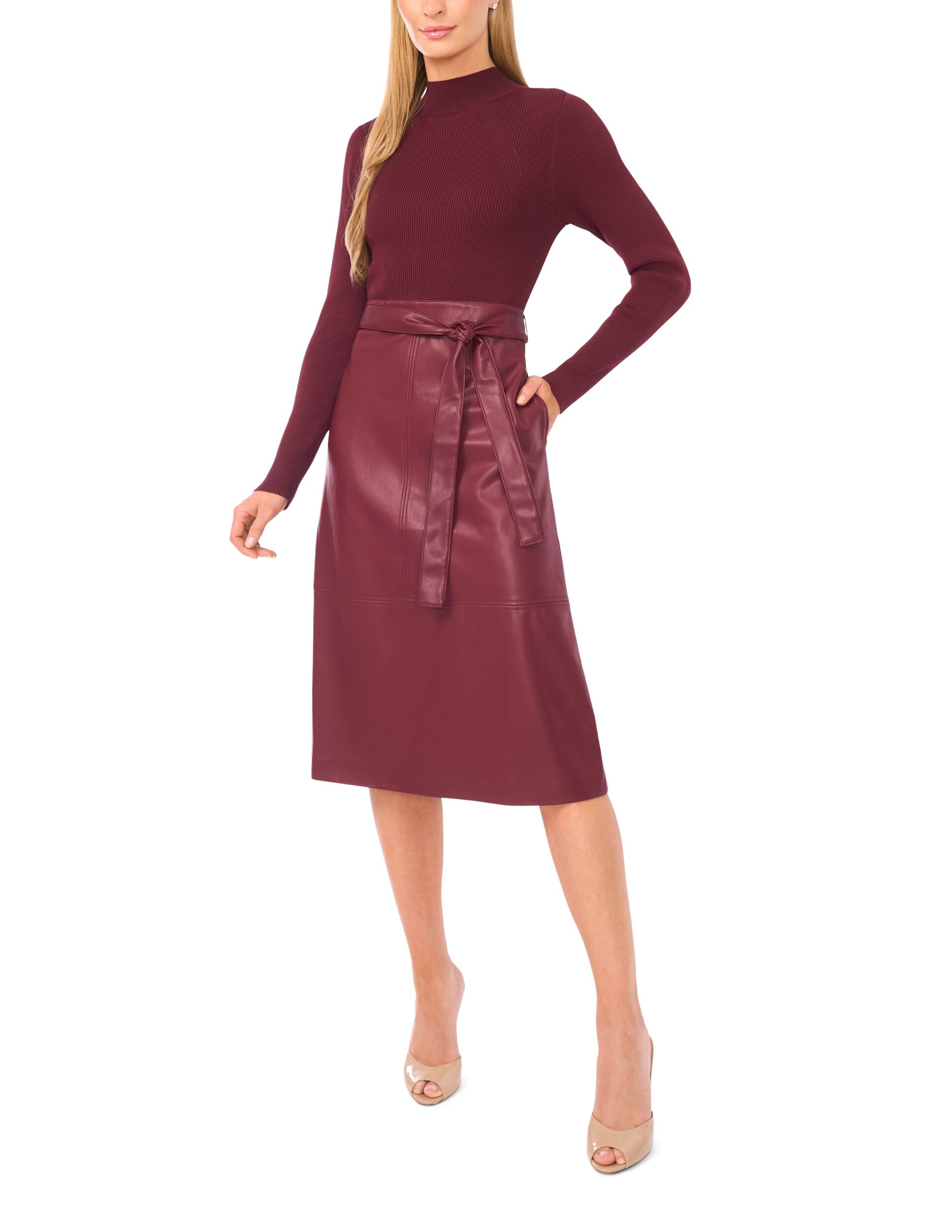 ONEIDA – Mock Neck Midi Dress with Faux Leather Skirt