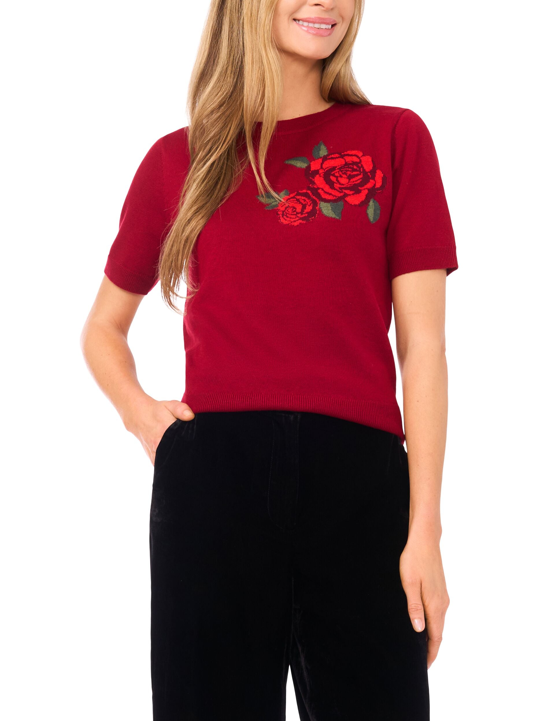NORA - Short Sleeve Crew Neck with Rose Jacquard