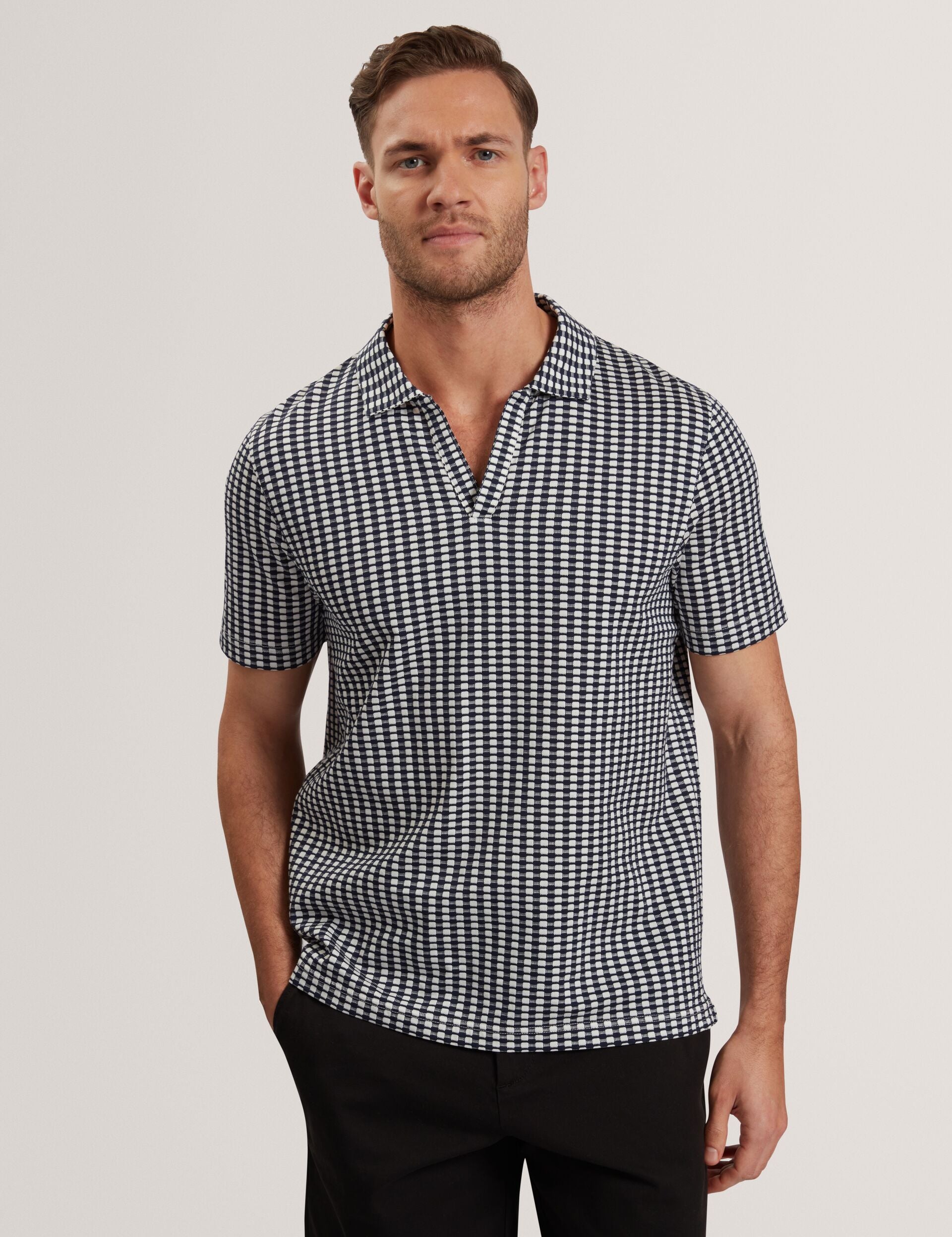 MATEJO - Navy Mini Check Open Neck Cotton Polo Shirt