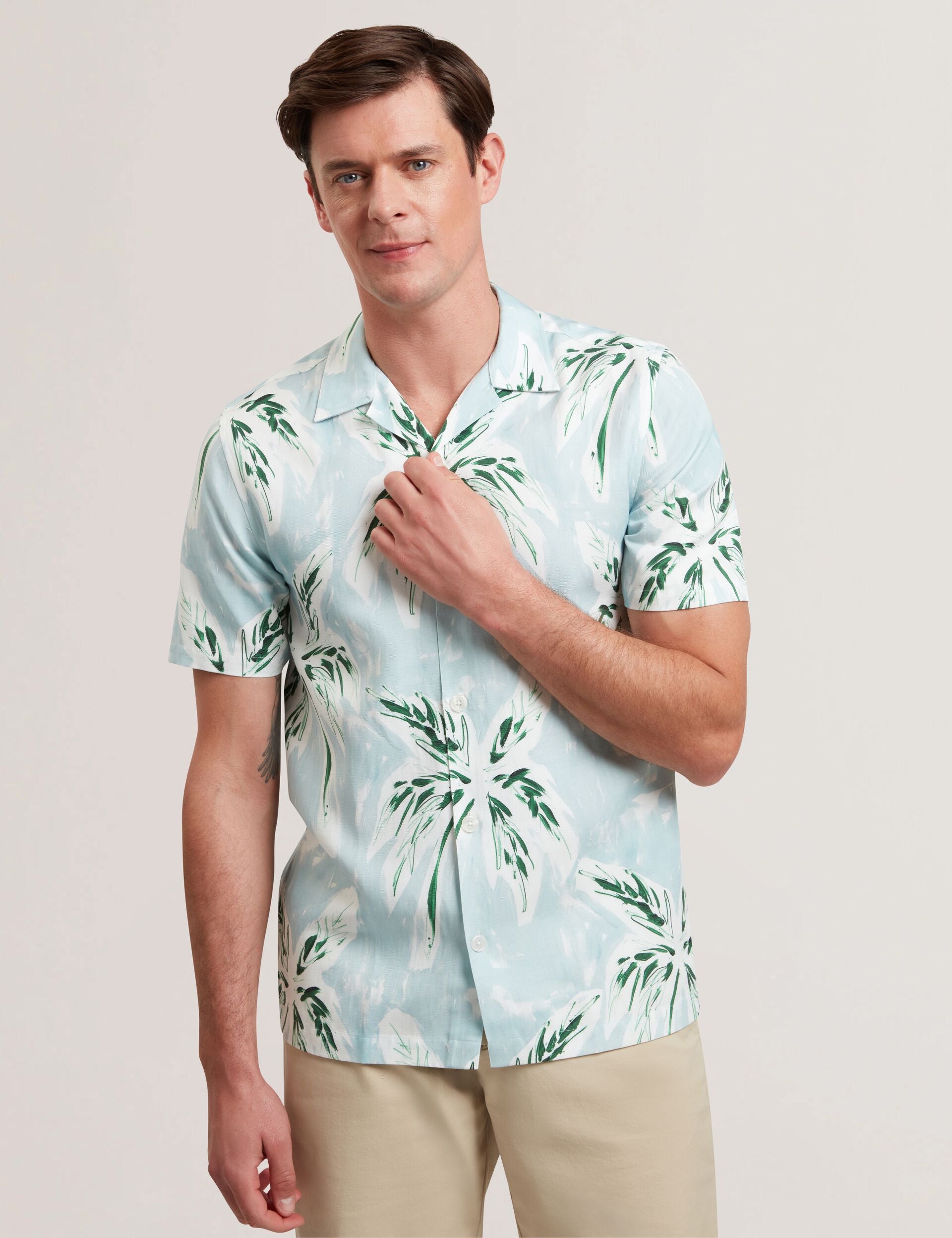 BOCHE - Tropical Print Linen Blend Relaxed Shirt