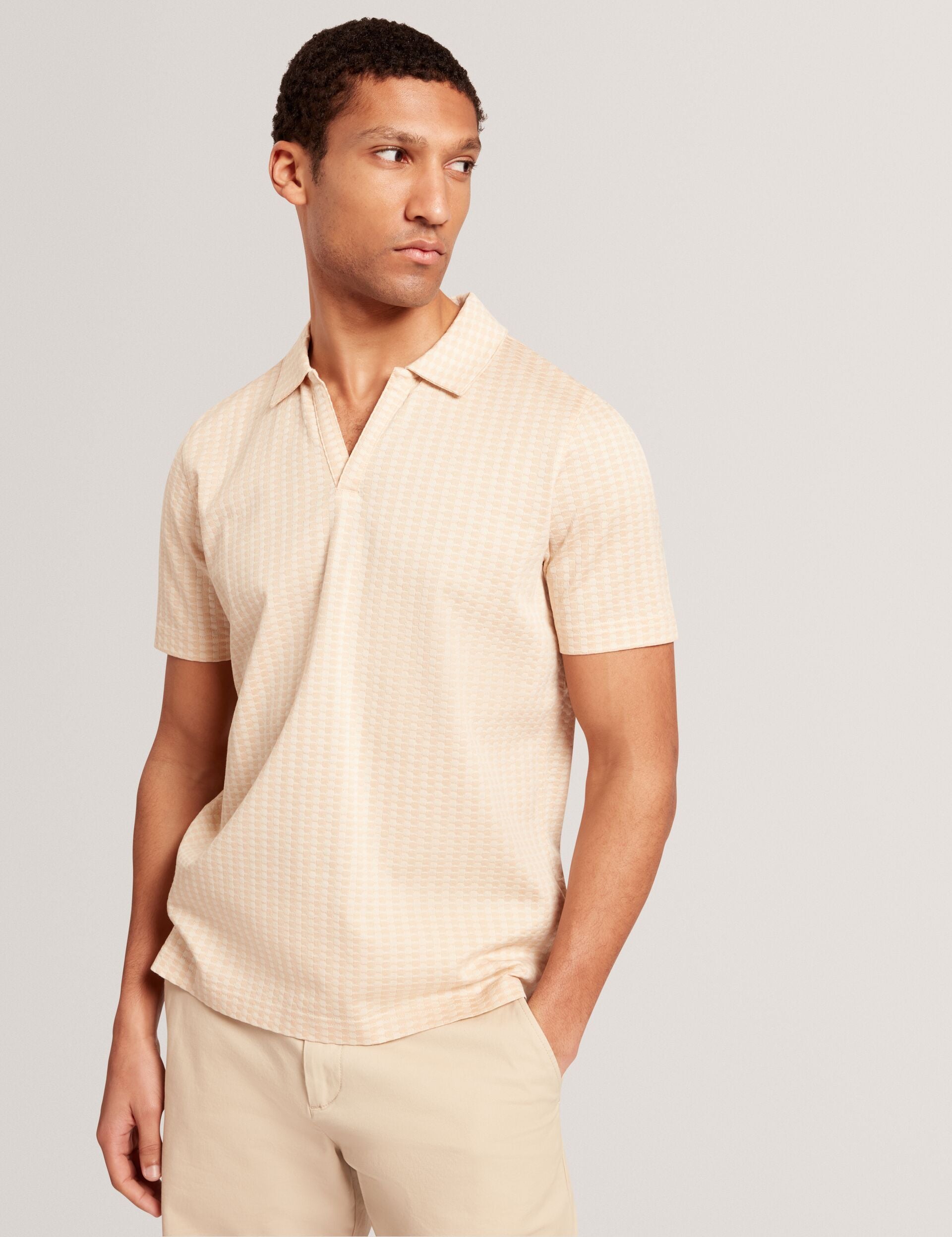 MATEJO - Taupe Mini Check Open Neck Cotton Polo Shirt