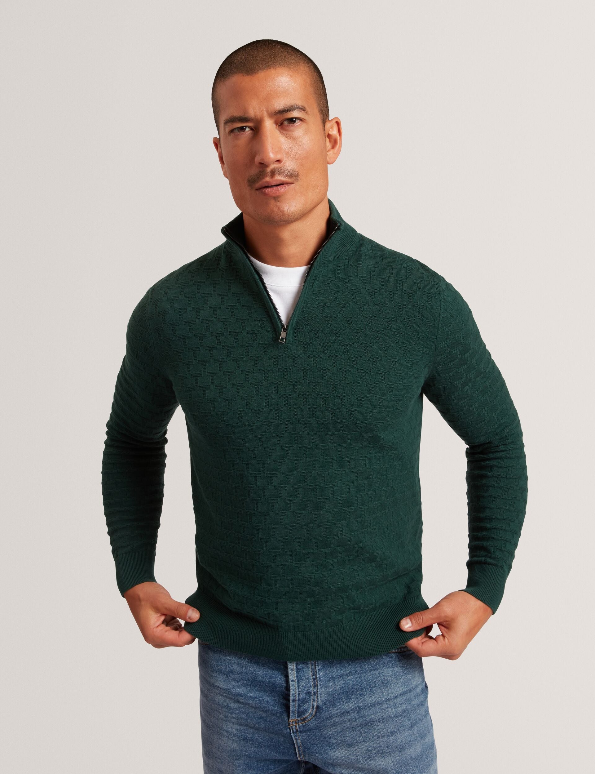 JEREMEE Branded Texture Zip Neck Jumper